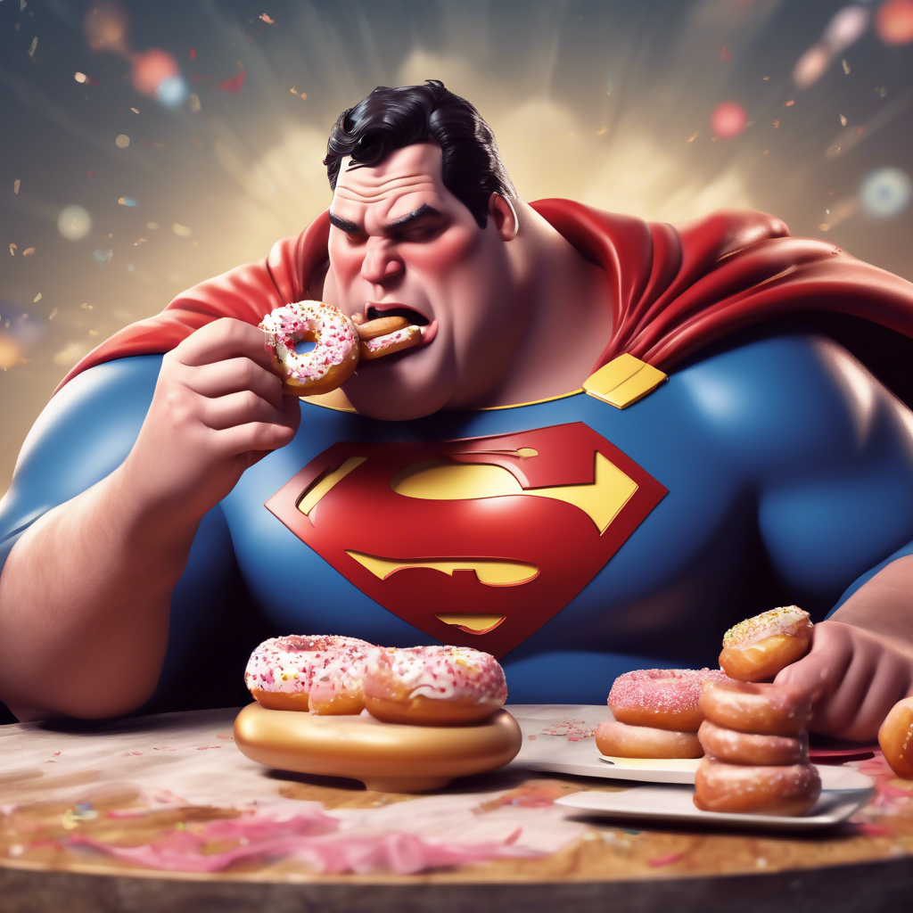 Fat Superman eating Donuts