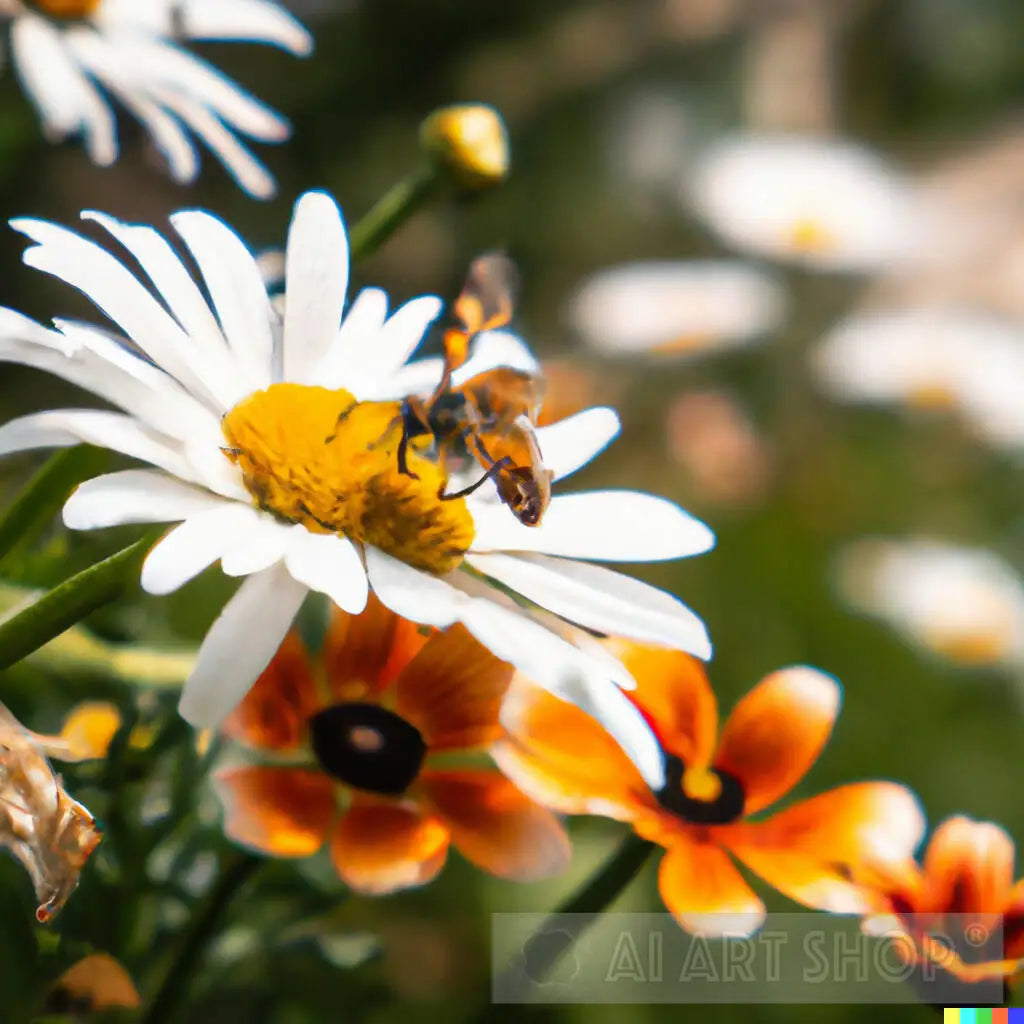 Daisy flower in a garden full of bees and butterflies