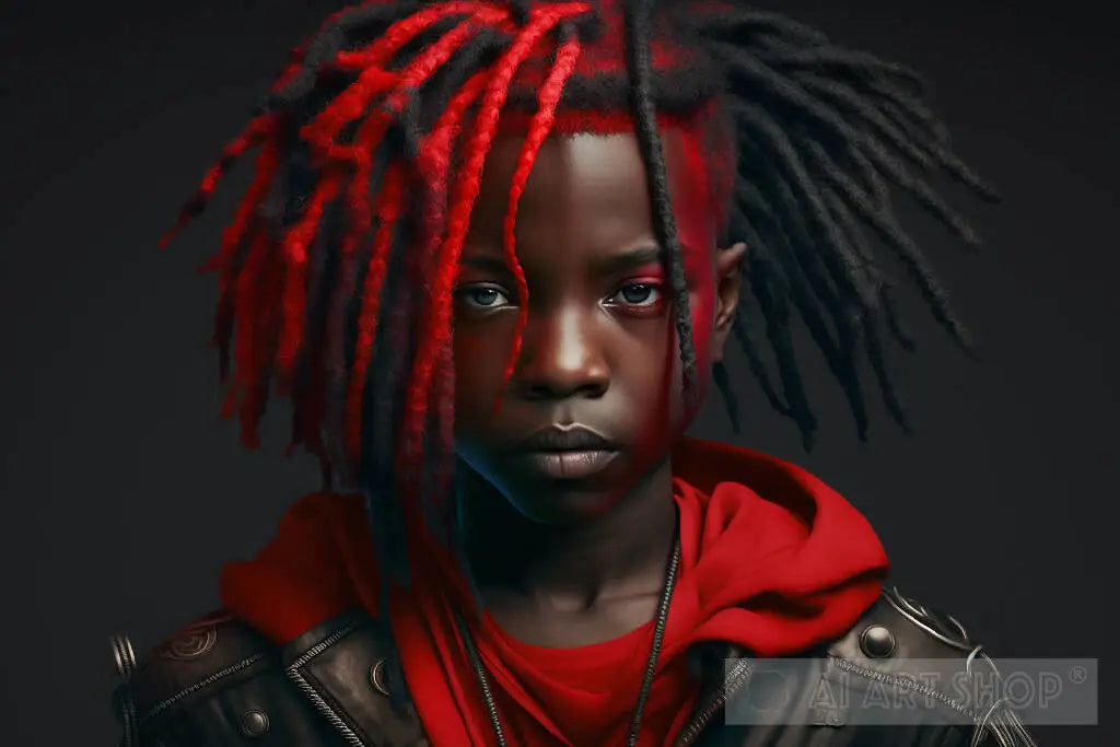 A young dark boy with red dreadlocks, generative ai