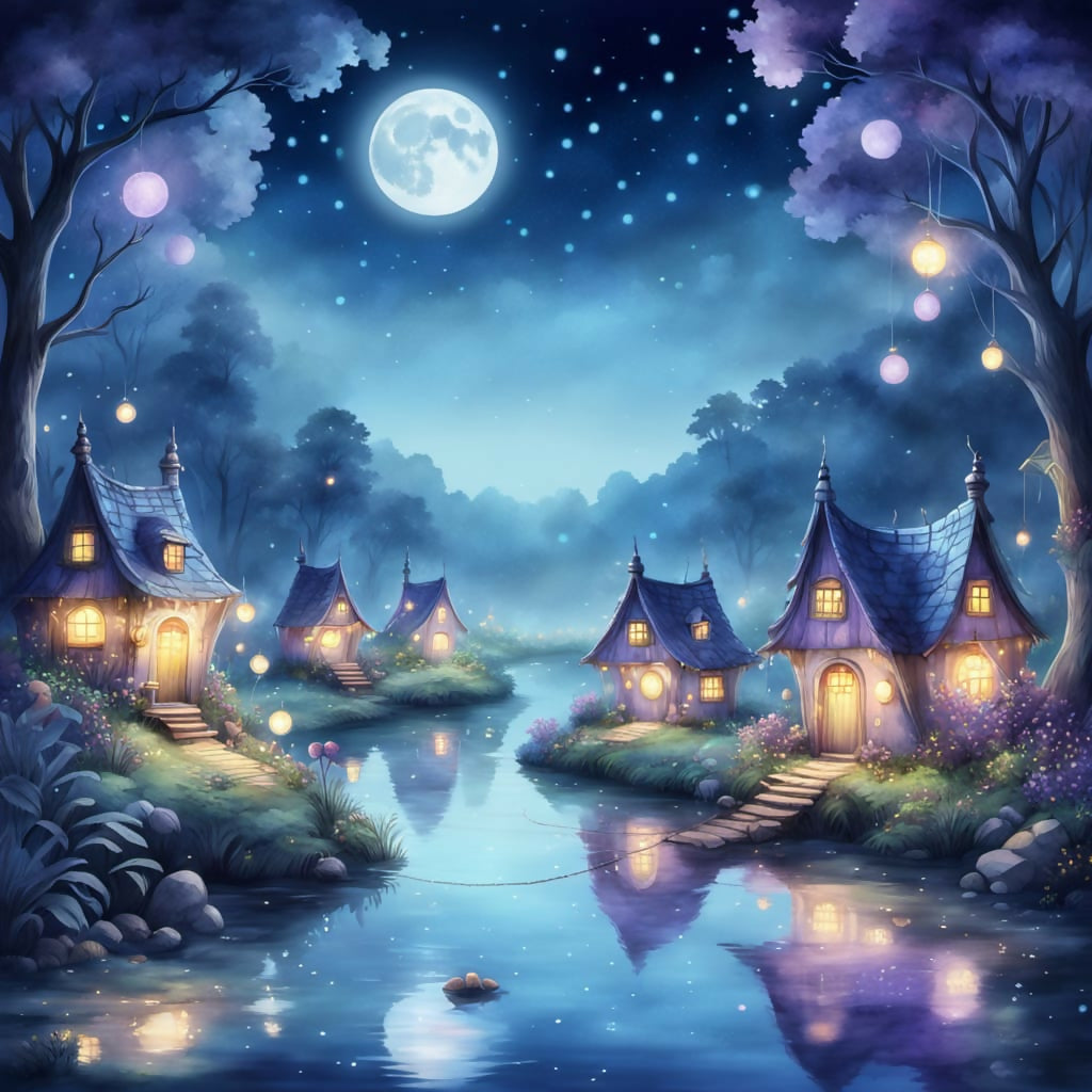 Moonlit Village – Dreamy Fantasy River Town AI Art
