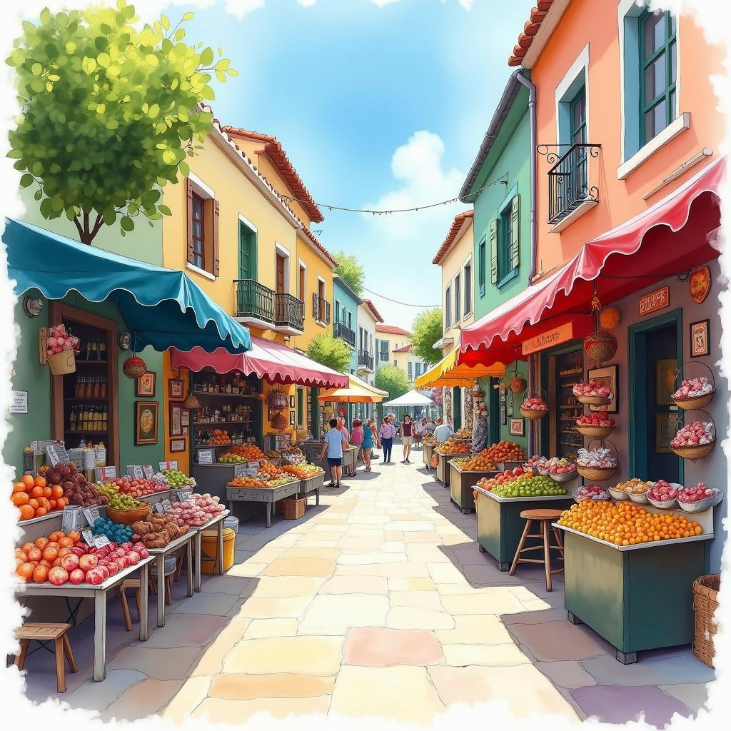 Vibrant Street Market Scene - Colorful Digital Art of Lively Market...