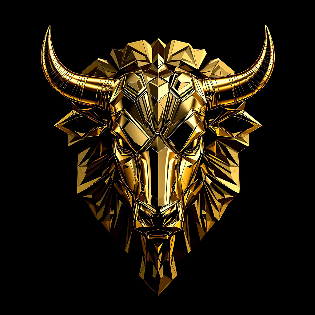 Golden bull head sculpture, metallic textures, sharp geometric shapes,