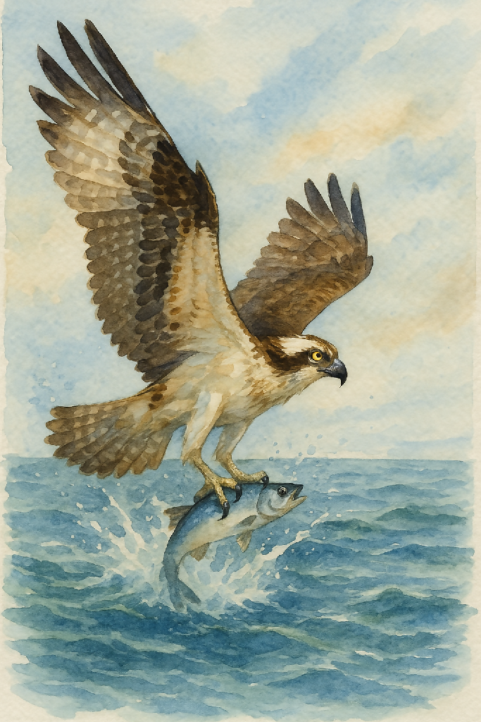 Watercolor Bird Catching Fish – Ocean Wildlife Action Painting