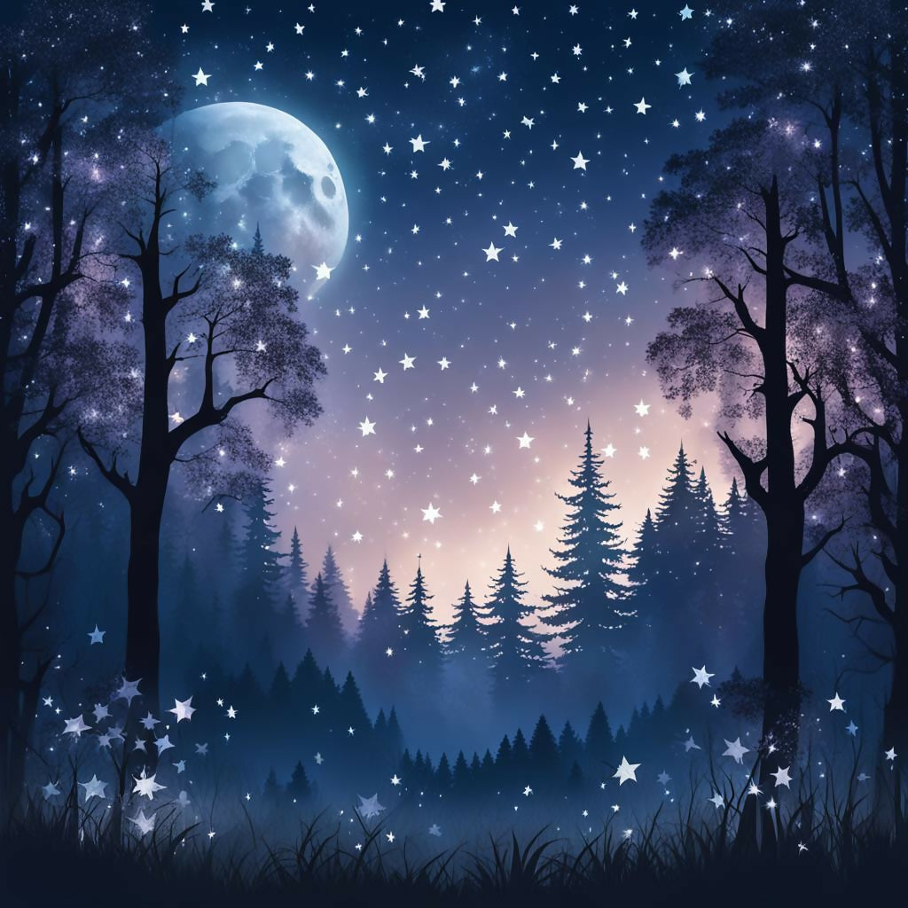Enchanted Nightscape – Dreamy Moonlit Forest with Starry Sky