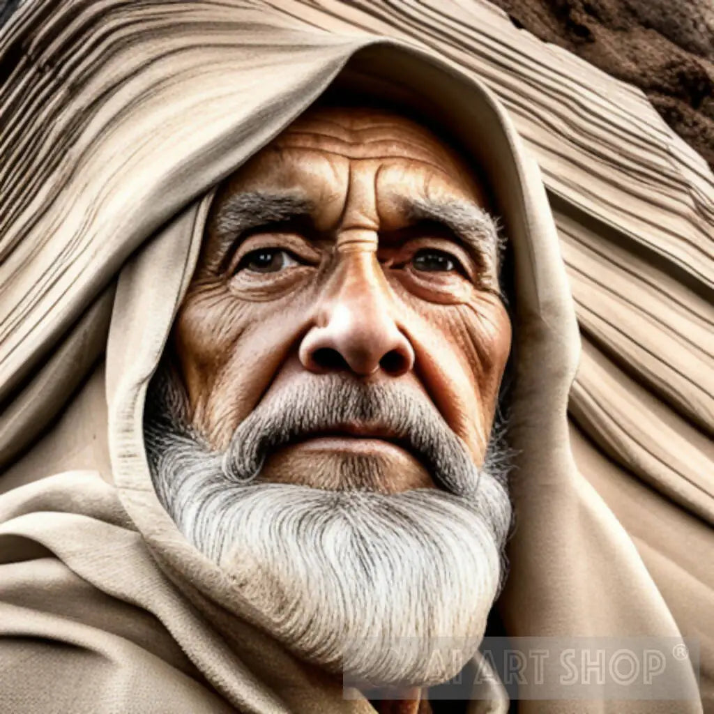 Proud stoic old man with an intelligent face in a robe the color of...