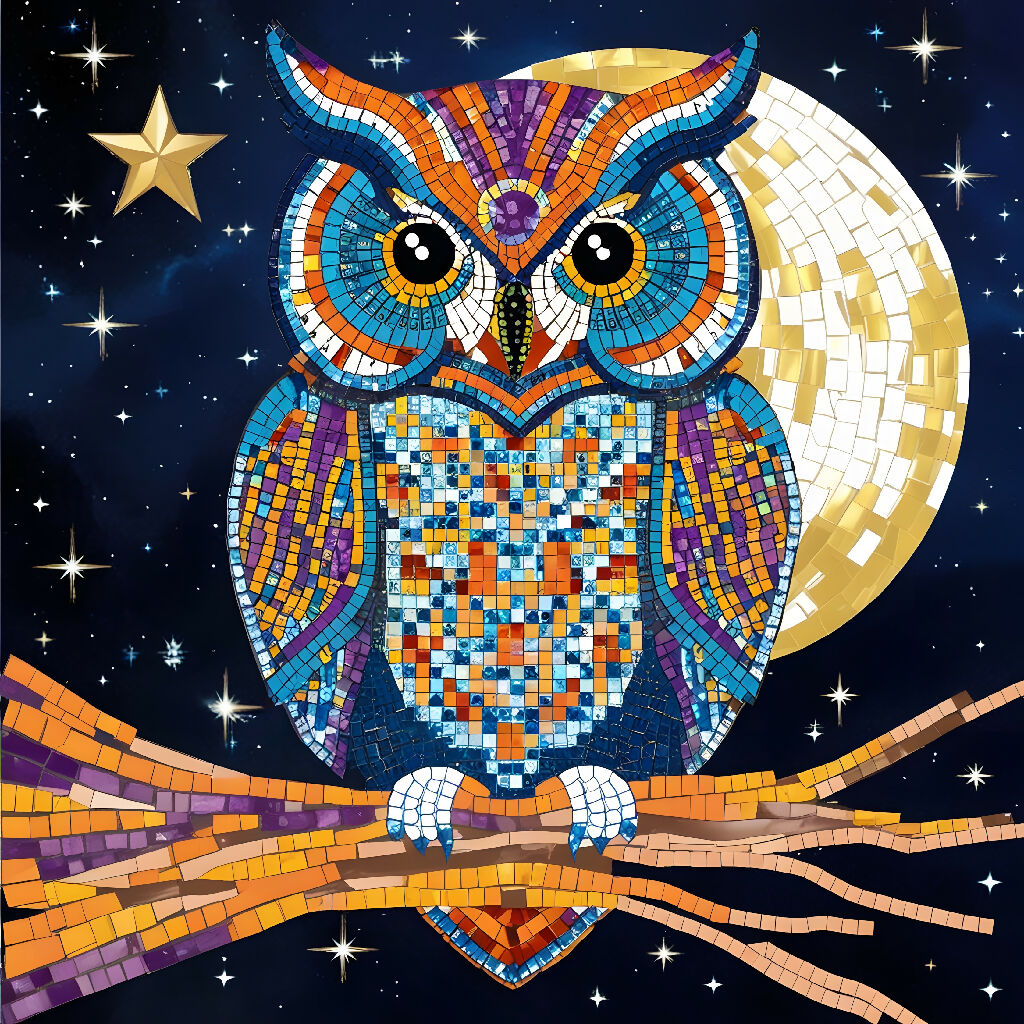 Celestial Mosaic Owl: A Colorful Tribute Under the Moonlight