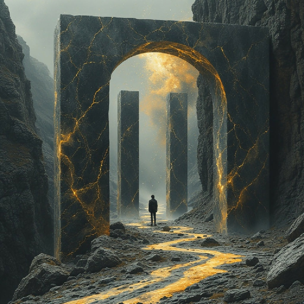 surreal landscape, glowing path, golden light, monolithic structure...