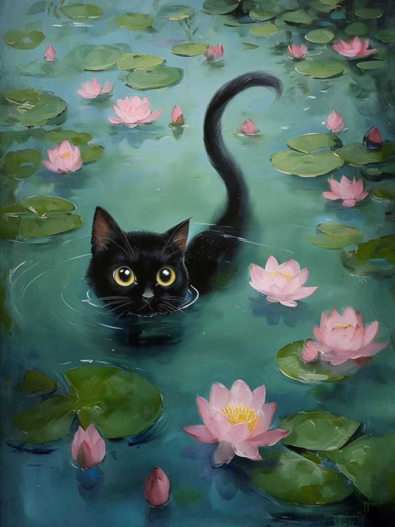 Whimsical Cat Surrounded By Lotus Flowers In Pond, Whimsical Cat, C...