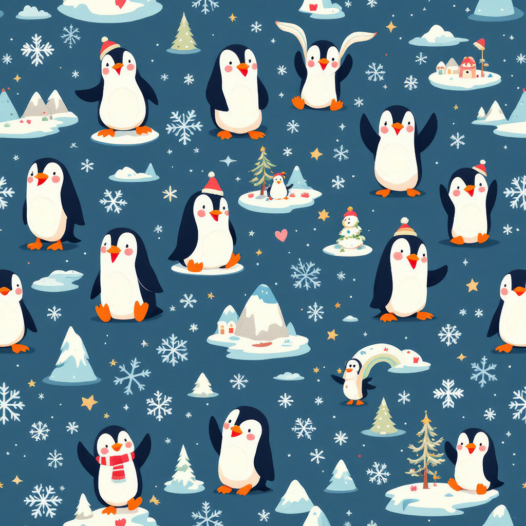 The image is a pattern of cute cartoon penguins on a blue backgroun...
