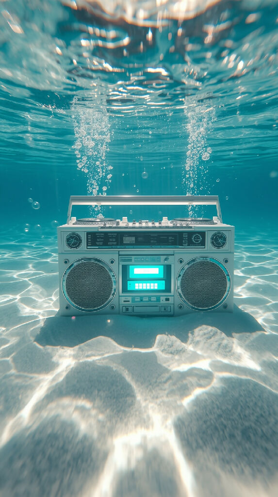A large retro boombox with DJ turntables and speakers sits on the sand