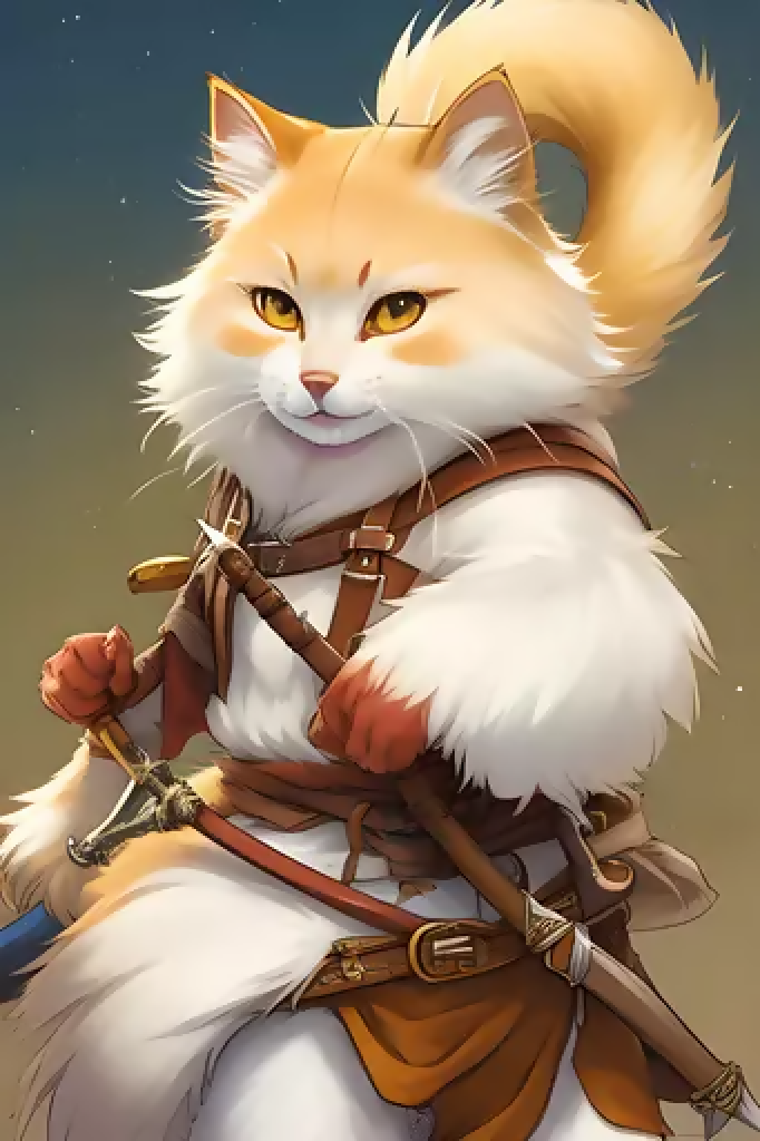 Concept art of a catfolk swashbuckler with blond and white fur and a l
