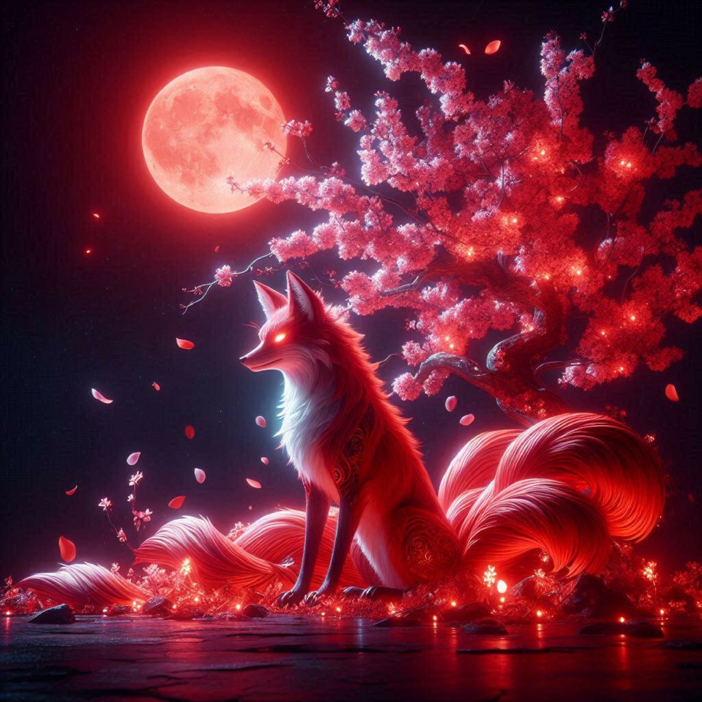 nine-tailed, fox, red, moon, red moon, blood moon, bright moon, che...