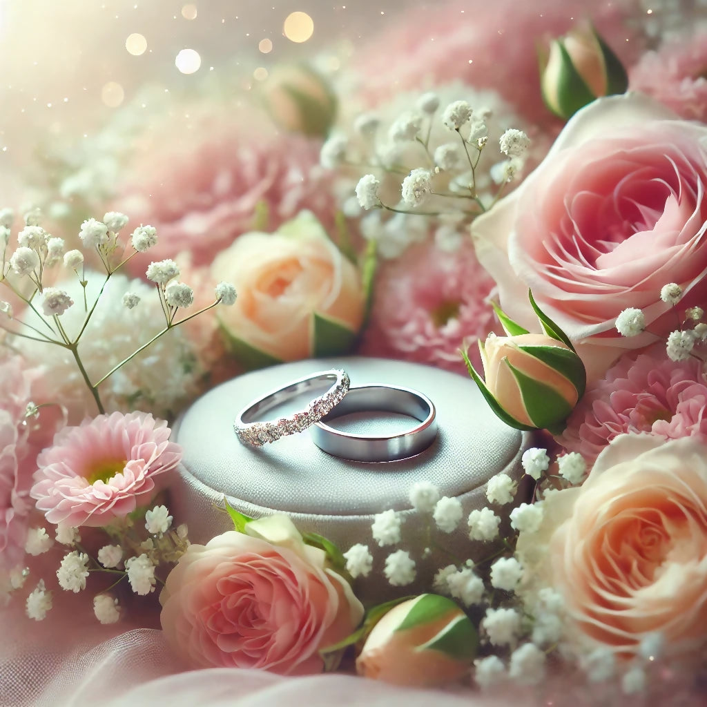 Wedding Rings on a Bed of Pastel Blooms