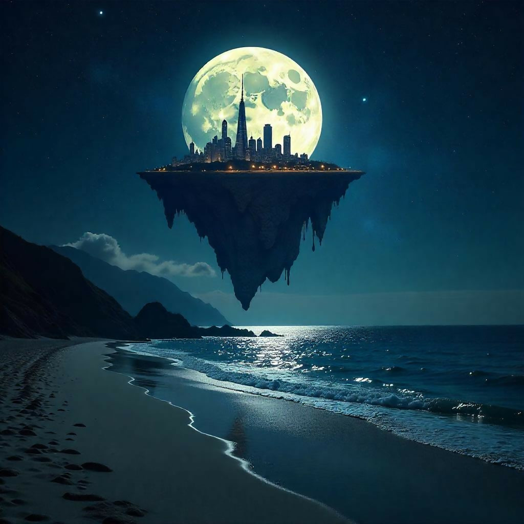 Unique Floating City Art - Moonlit Coastal Scene