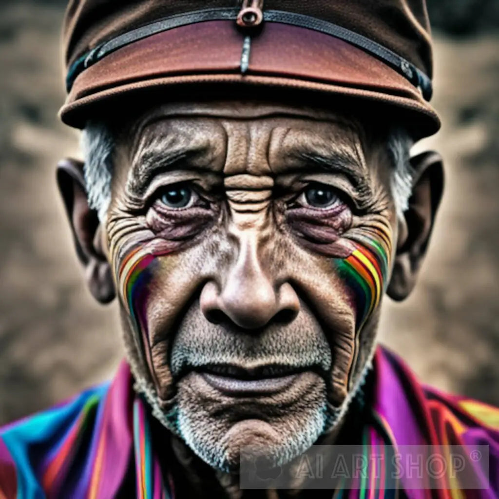Old man with intense rainbow stripes on cheeks
