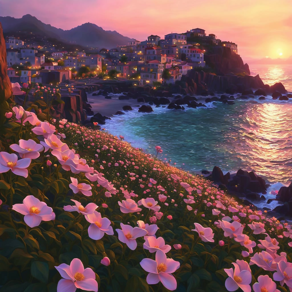 Seaside Bloomlight – Dreamy Coastal Flower Landscape Art