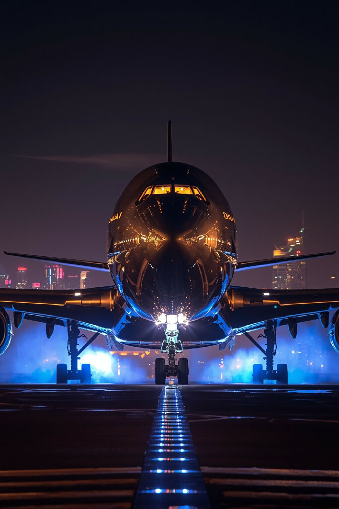 A massive futuristic aircraft with three decks and glowing blue eng...