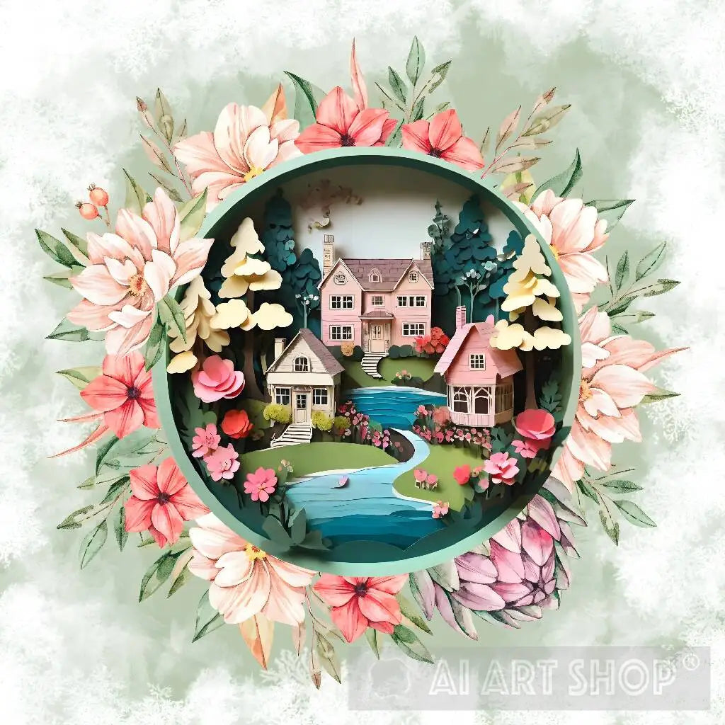 3d Paper Art, Paper Sculpture, Land Escape, A House Among Flowers,