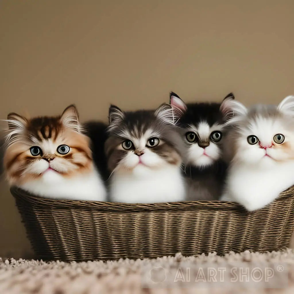 4 kittens in a basket, animal wall art, cute kittens, kittens in a ...