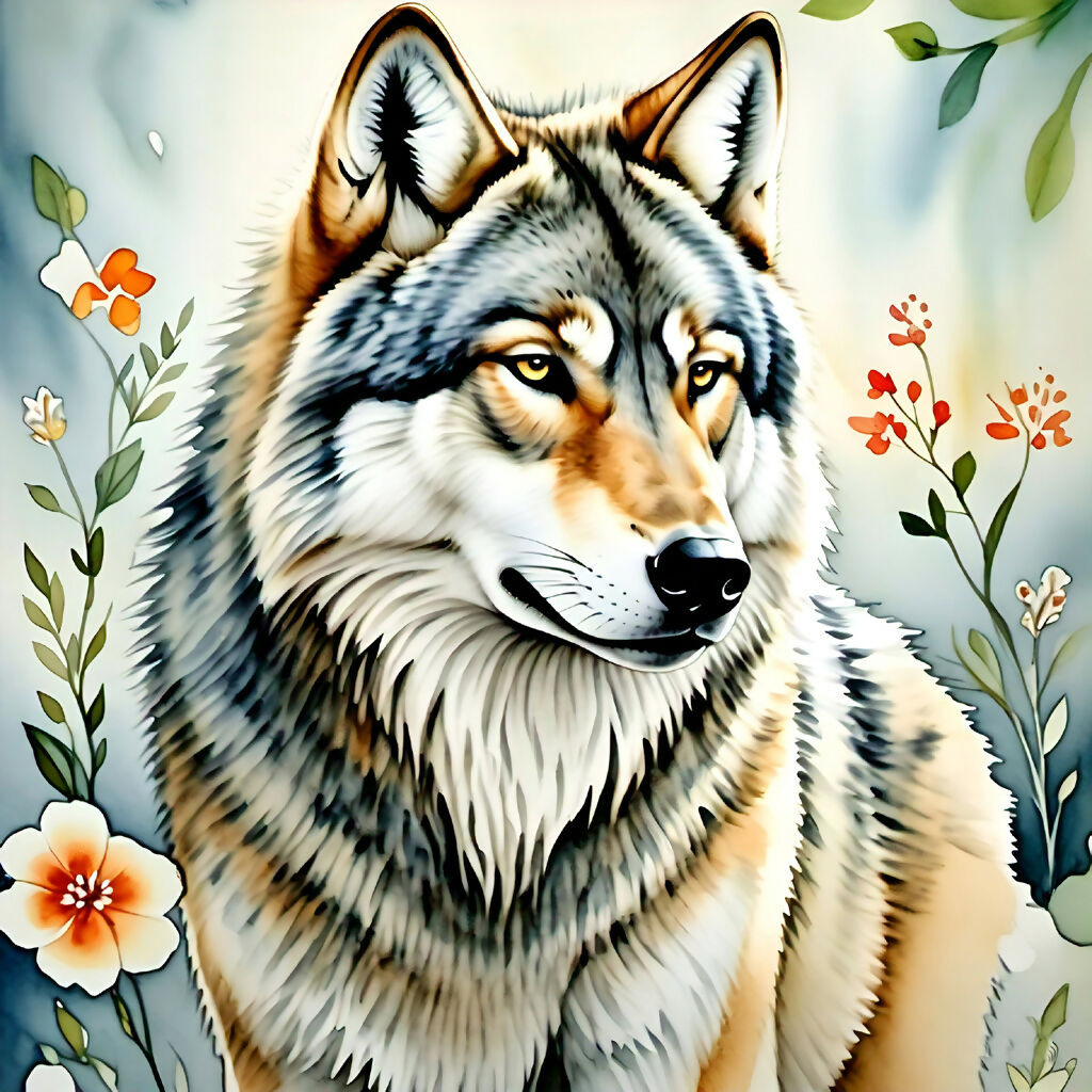 Regal Wolf Portrait AI Art – Realistic Animal Illustration with Flo...