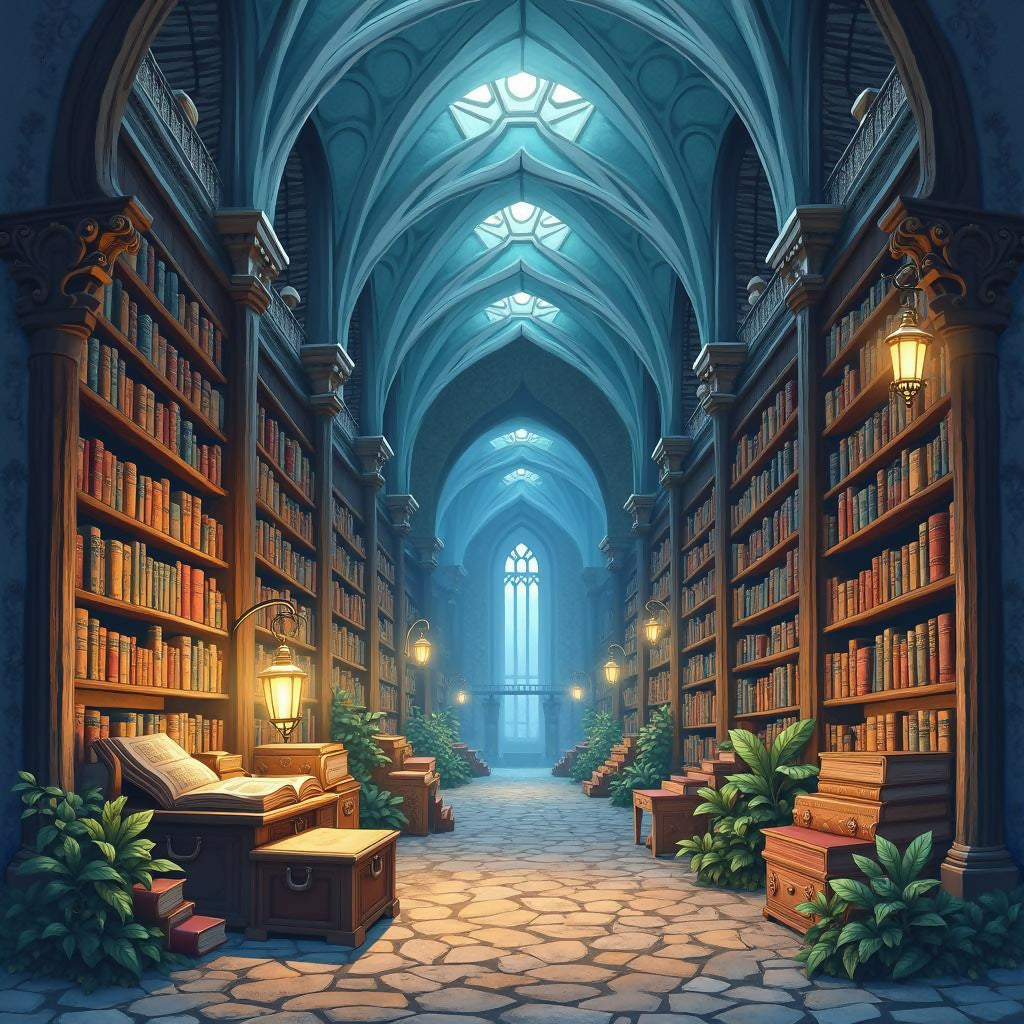 Magical Library Scene with Floating Books and Glowing Lanterns - Fa...