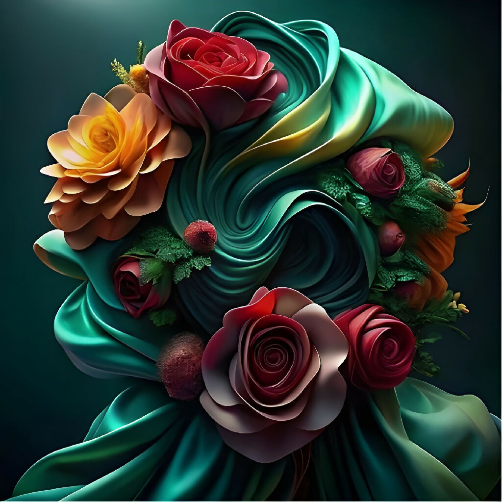 textile art, fabric flowers, conceptual artwork, silk and velvet, 3...