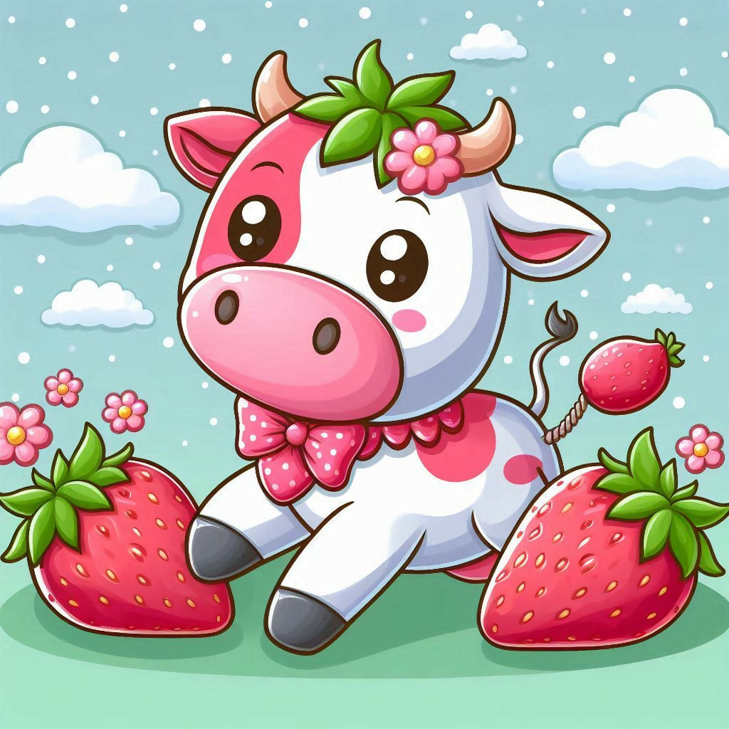 strawberry cow, cartoon, cute