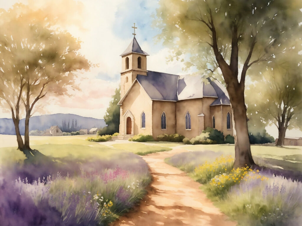 watercolor painting, countryside church, stone church, wildflowers,...