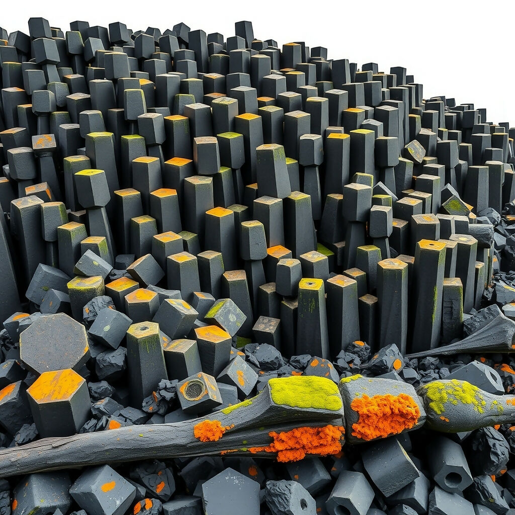 Hexagonal Basalt Columns with Colorful Lichen and Moss