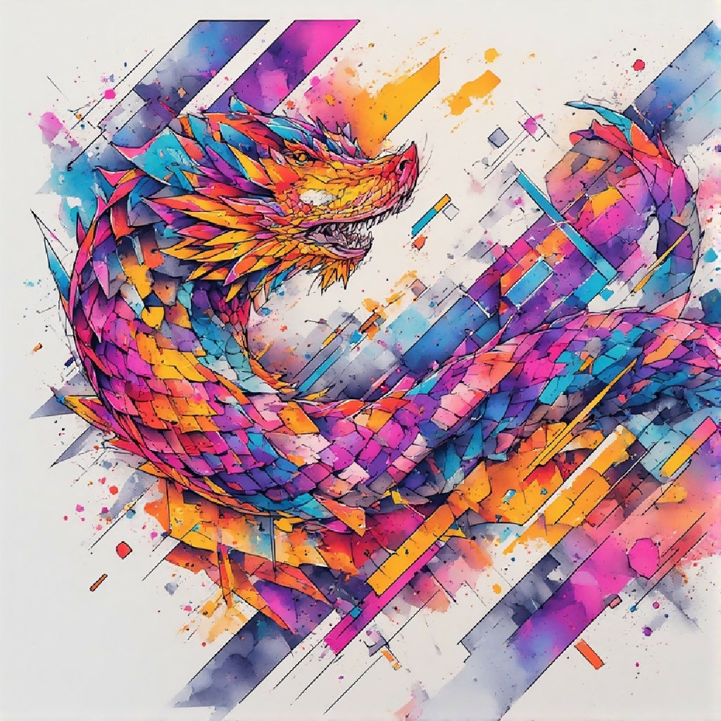 abstract dragon, geometric creature, vivid colors, pink, purple, or...