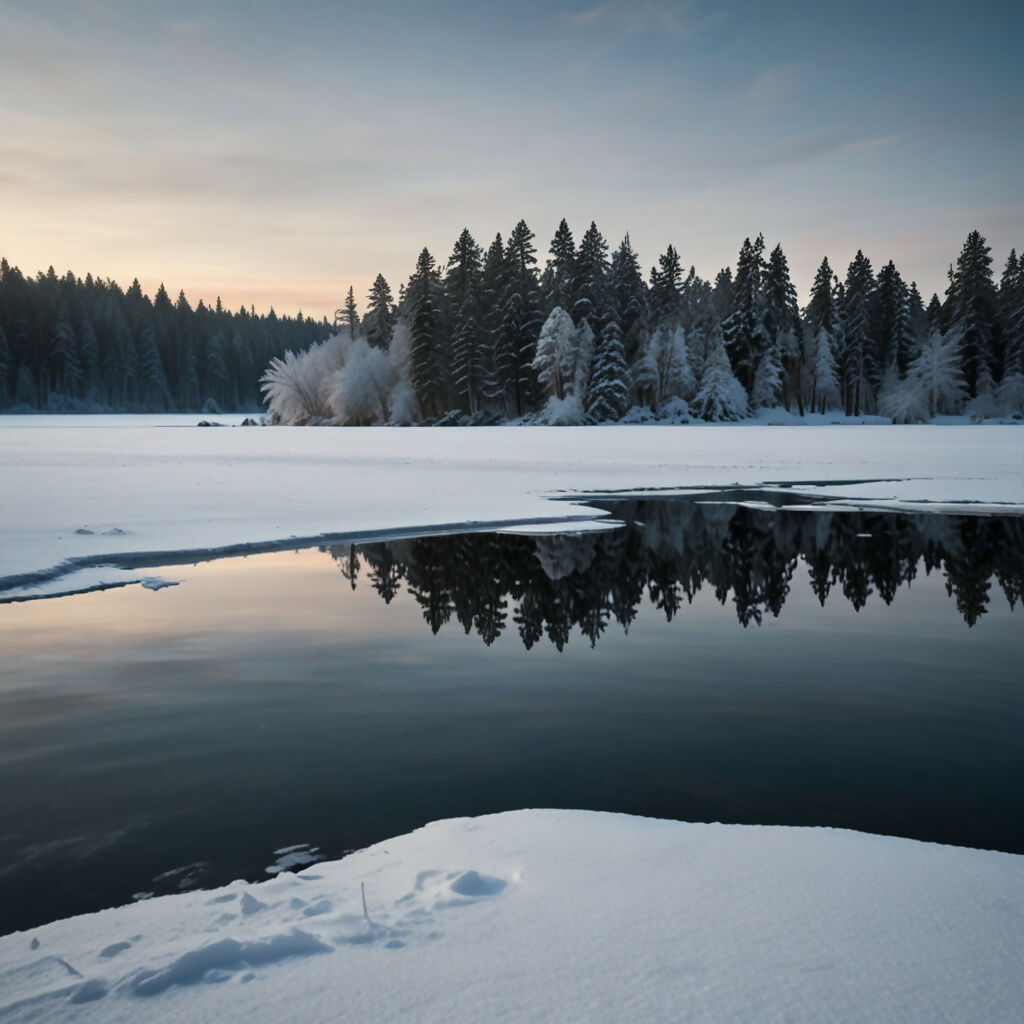 A serene lake frozen over with a layer of ice, surrounded by snow-cove