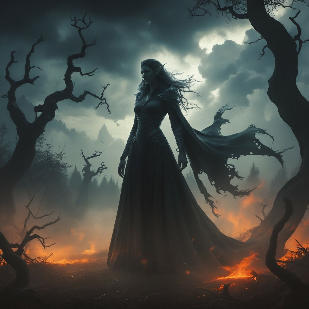 Shadow silhouette of a mysterious sorceress with an ethereal glow s...
