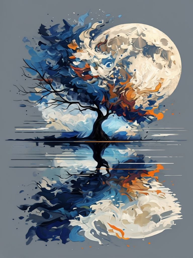 Surreal Tree with Moon Reflection Abstract Digital Art