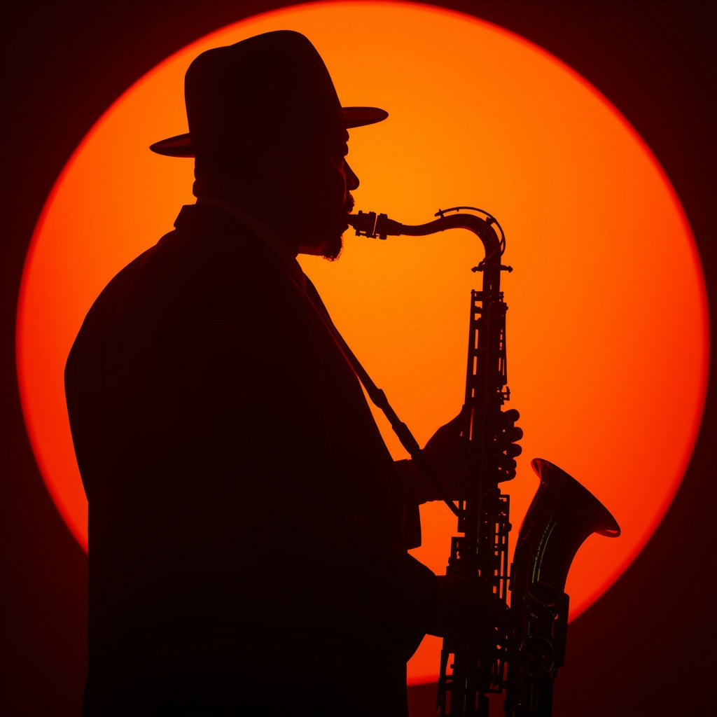 Photorealistic cinematic silhouette of a saxophonist, rear view, we...