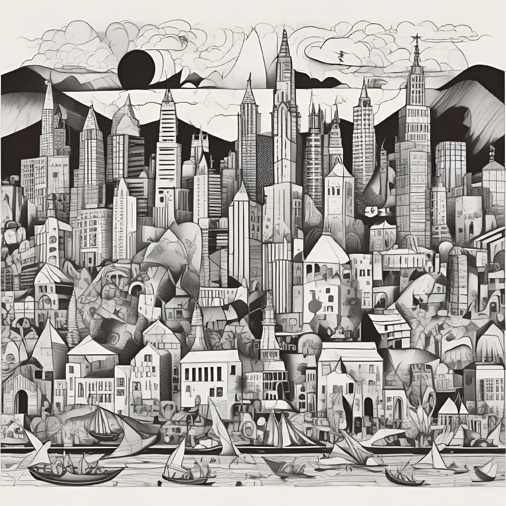 Monochromatic Cityscape, Geometric Art, Urban Illustration