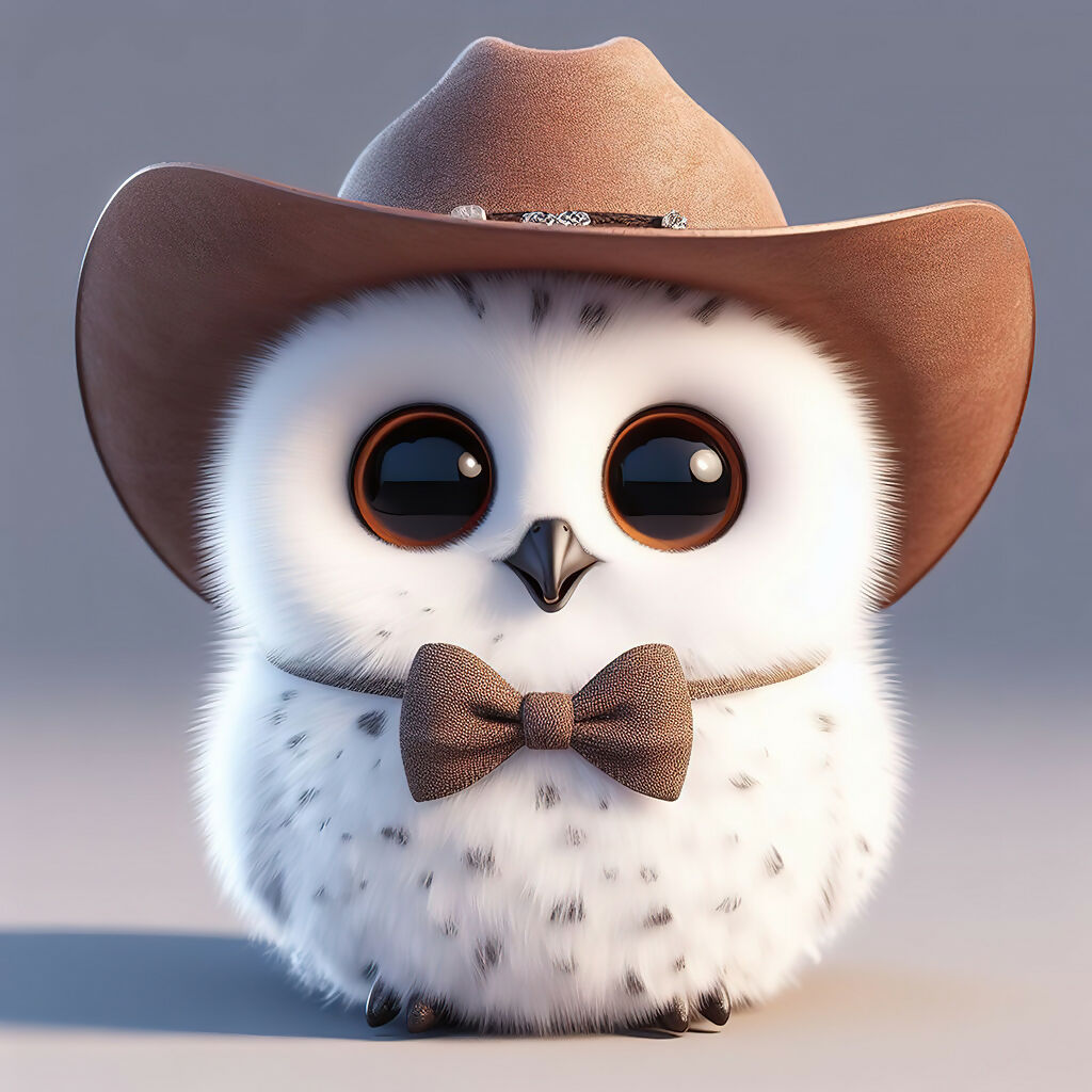 The image is a 3D illustration of a cute white owl adorned with a b...