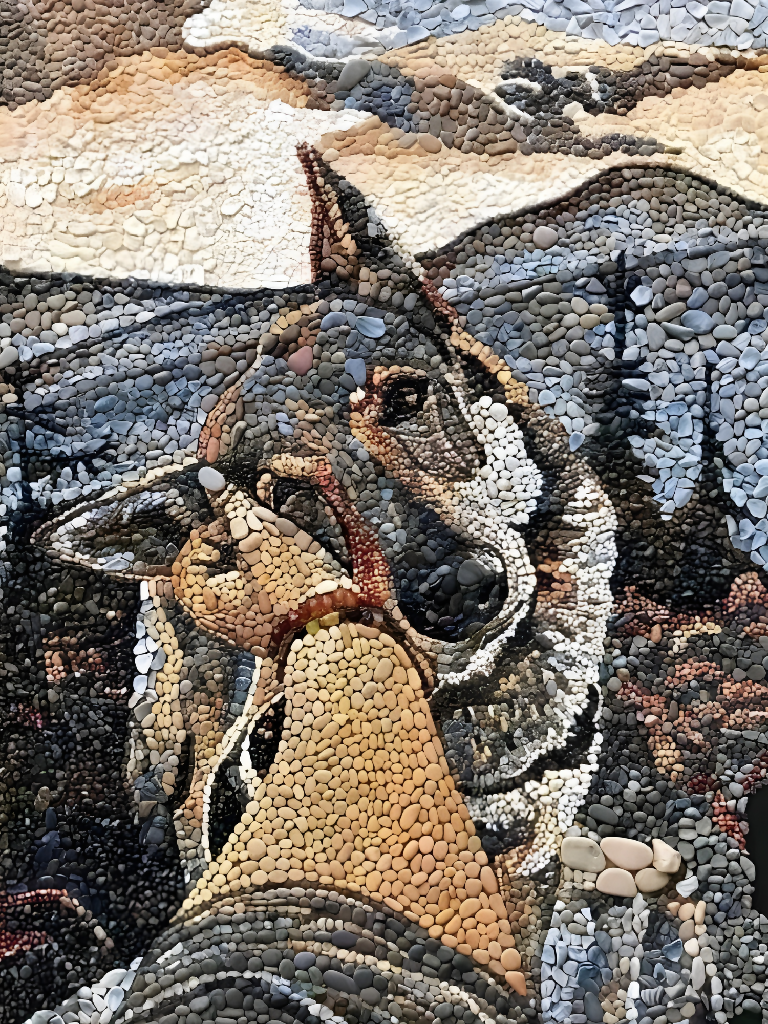 Pebble Mosaic Art Hand and Wolf in Nature Scene