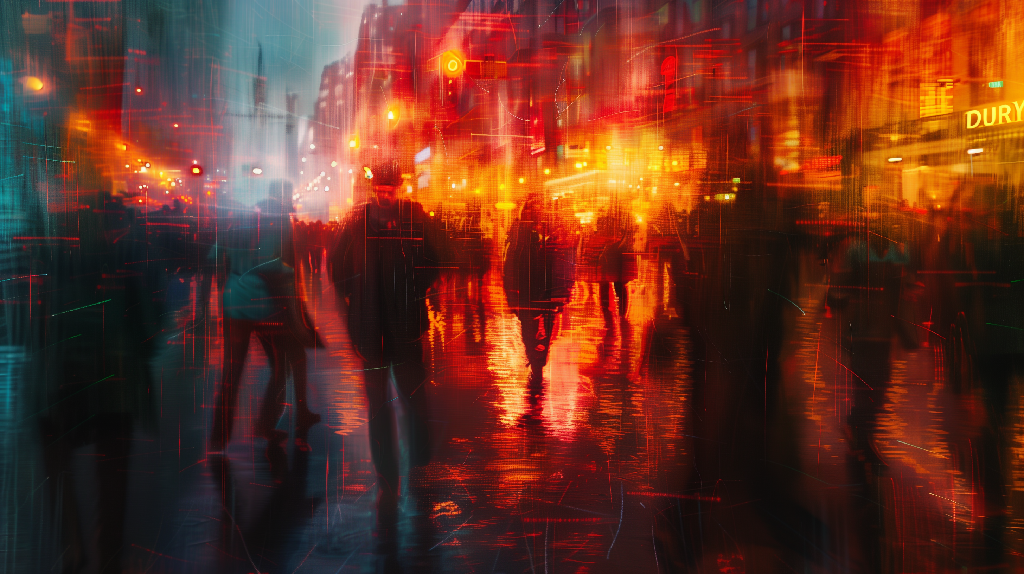 distorted, human, figures,bustling, city, street, heavy rain