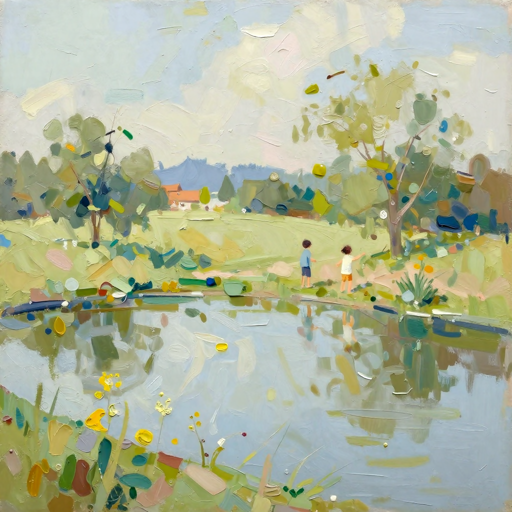 Impressionist Children at Pond Art | Waterside Landscape Digital Pr...