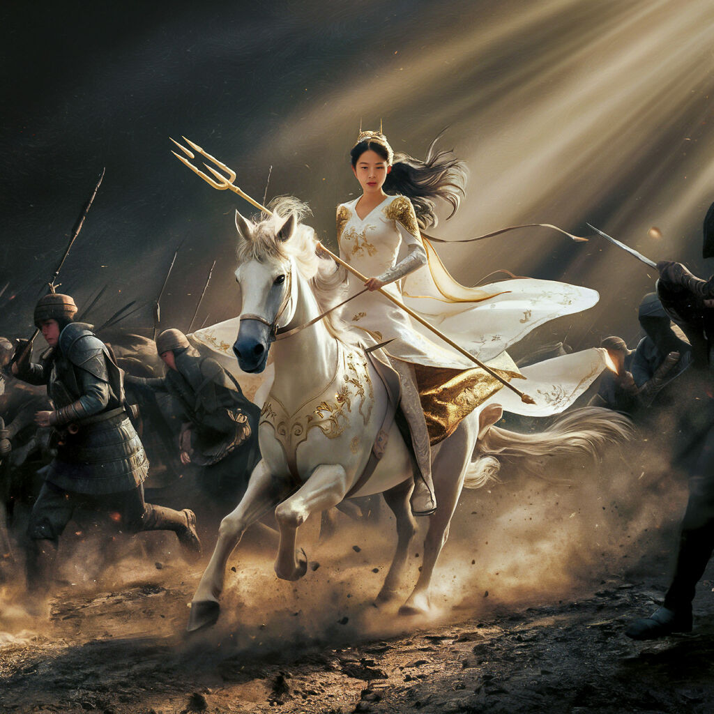 Asian Female Warrior Riding Unicorn at Battlefield - Oil Painting