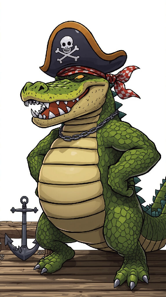 A massive, grinning pirate crocodile, wearing a comically small pir...