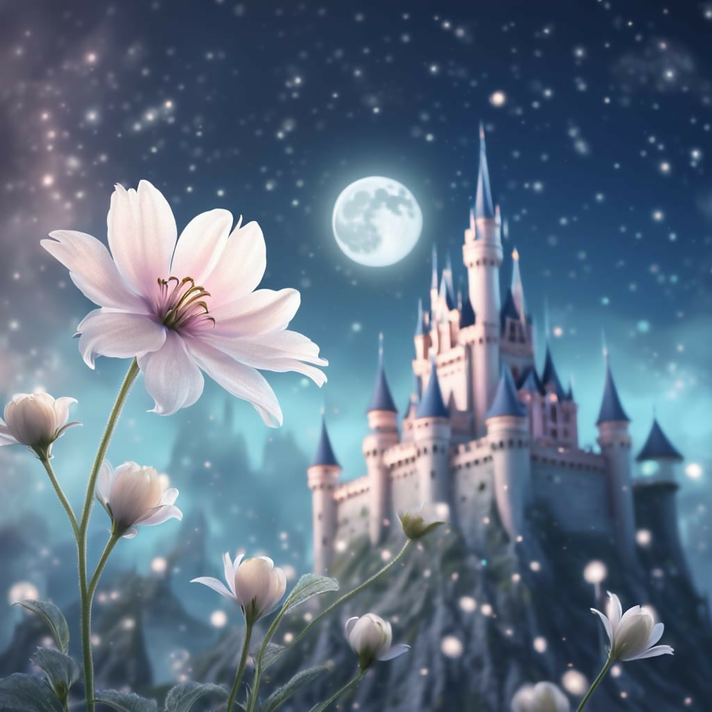 Enchanted Blossom – A Magical Flower Under Moonlit Castle