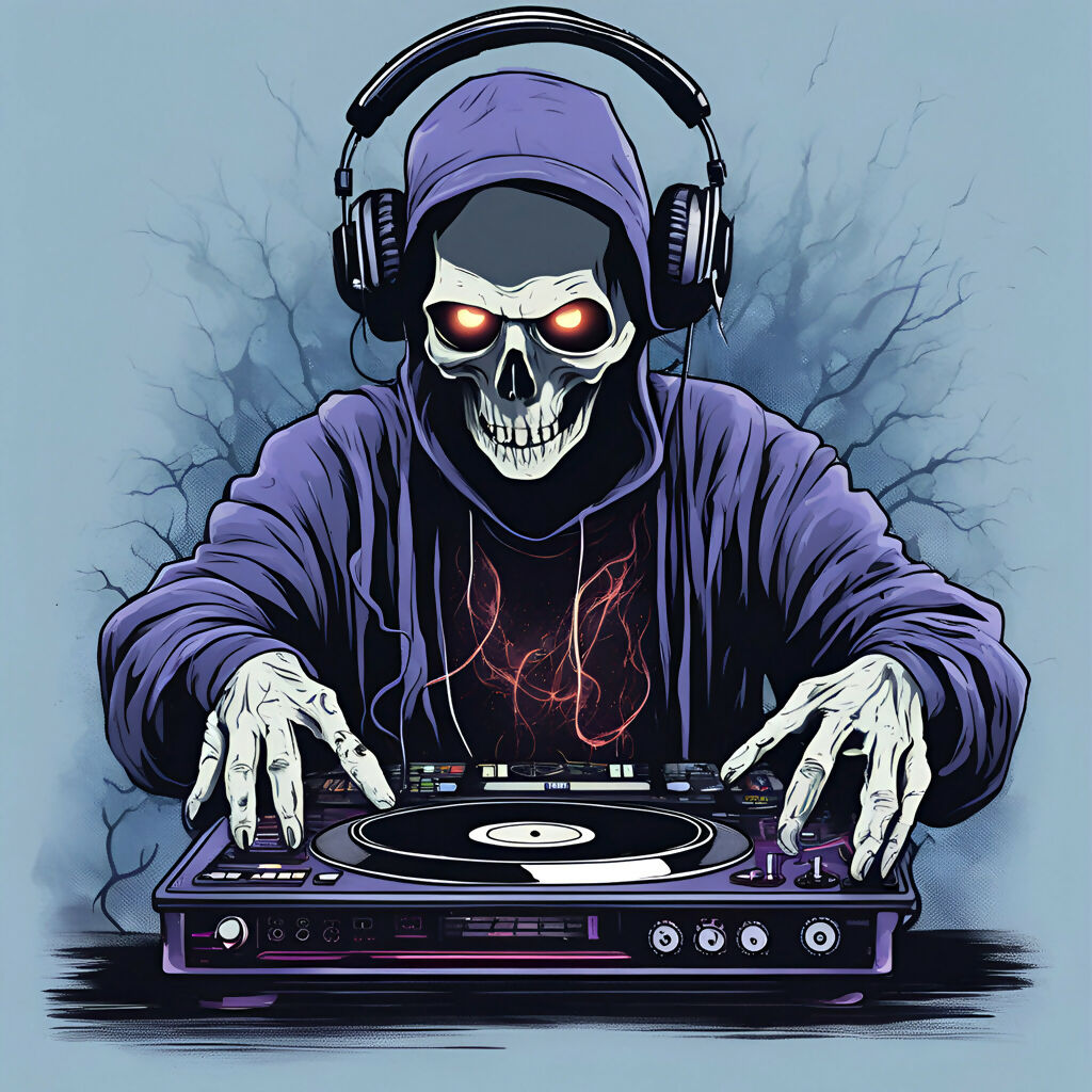 Grim DJ: Skeleton DJ Art Print - Unique AI-Generated Gothic Decor