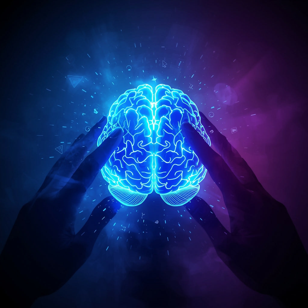 "Digital art of a glowing human brain with mysterious shadows ...