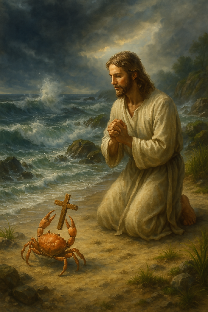 Realistic Painting of Jesus and Crab with Cross – Christian Symboli...