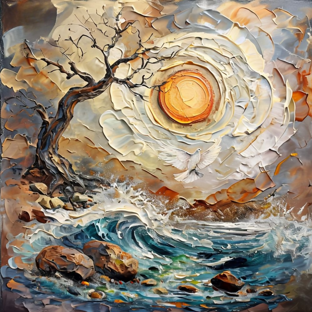 Abstract Nature Art Surreal Sun, Waves, and Tree with Dove, abstrac...