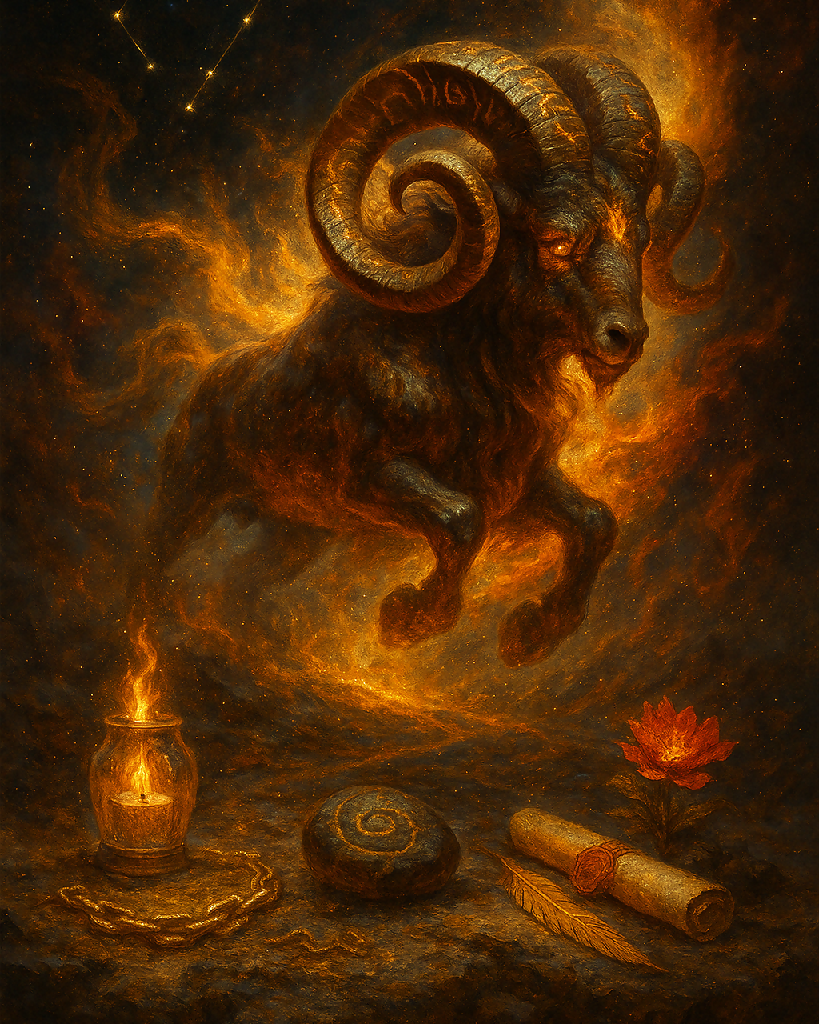 Aries Celestial Ram Fire Still Life Zodiac Art