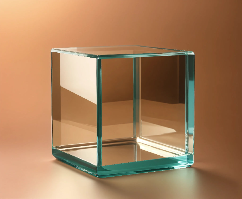 Cube,clear glass, neutral background,