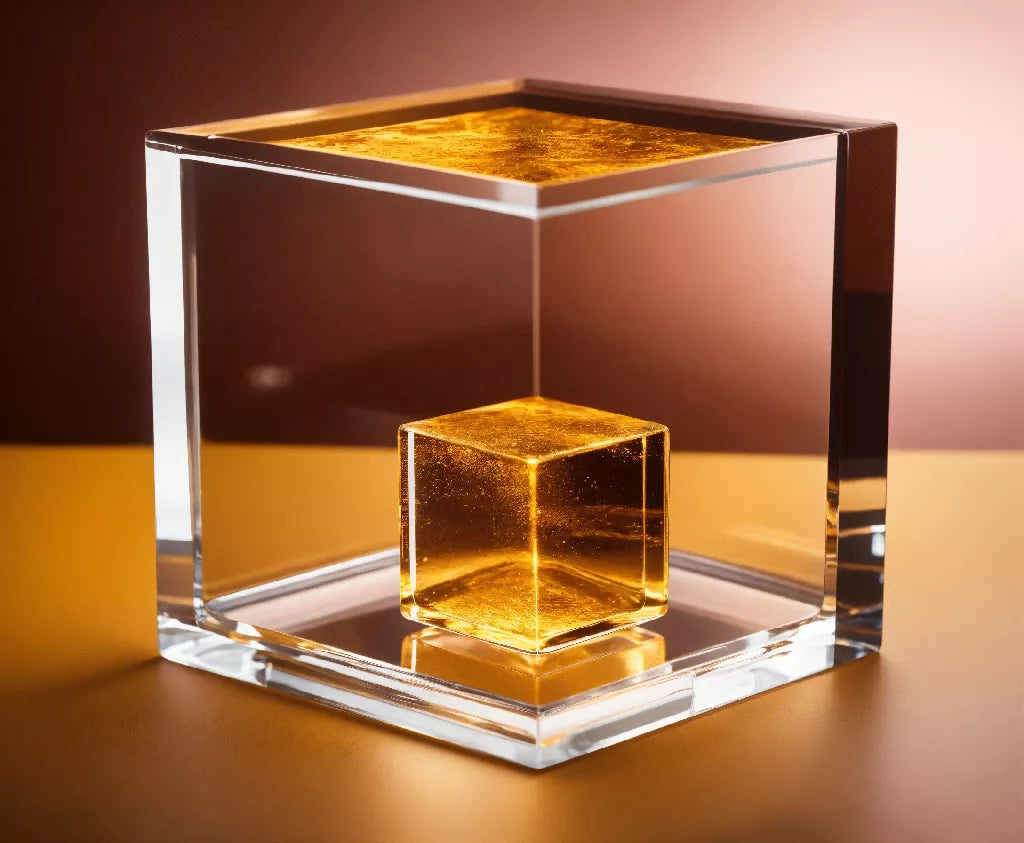 Cube,clear glass, neutral background,