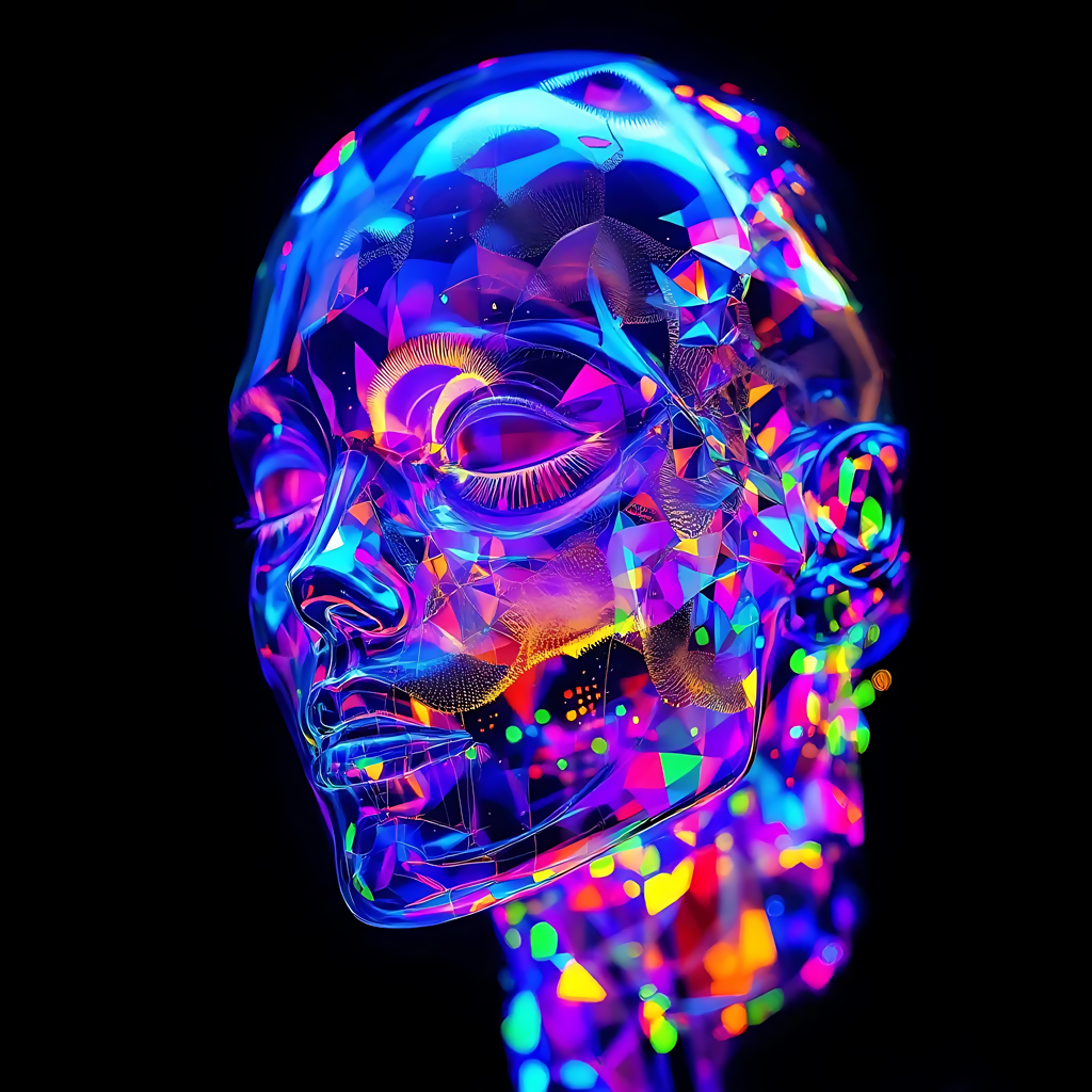 Human head, vibrant neon colors, glowing brain, cosmic bubbles, abstra
